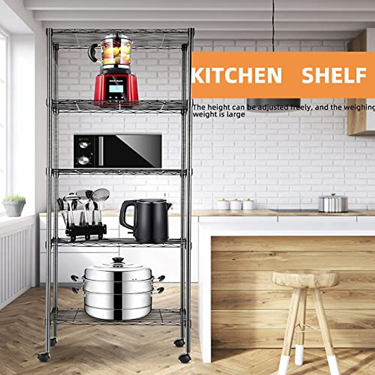 Storage Shelves (Black, 5-Shelf) 5-LAYER FAMILY SHELF, VERTICAL free combination shelf, kitchen, bedroom, garage, study, storage room, with wheels layer shelf, simple American heavy shelf.