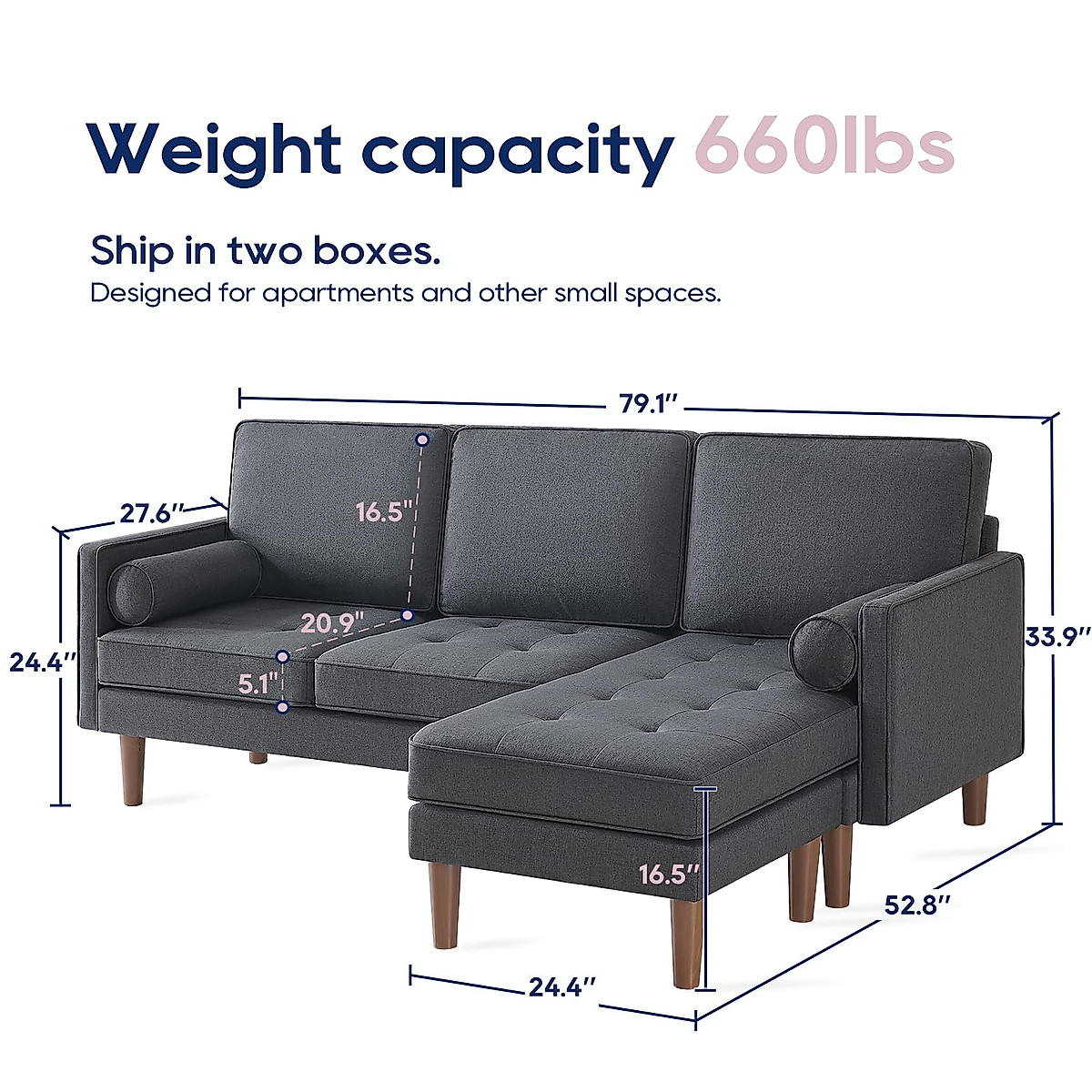 Vonanda Sectional Couch Convertible Sectional Sofa Fabric Couches for Living Room, L Shaped Couch with Reversible Chaise and Bolster Pillows for Apartment and Small Space, Dark Grey