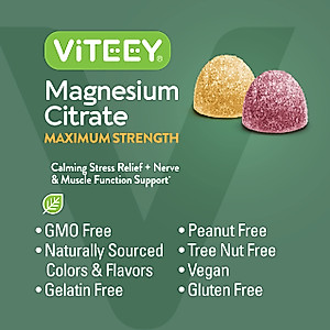 Magnesium Citrate Gummies for Adults & Teens - Maximum Strength 255mg, Supports Calm Mood, Optimal Relaxation, Muscle Function - Vegan, Gelatin Free - Tasty Chewable Raspberry & Peach Flavored Gummy