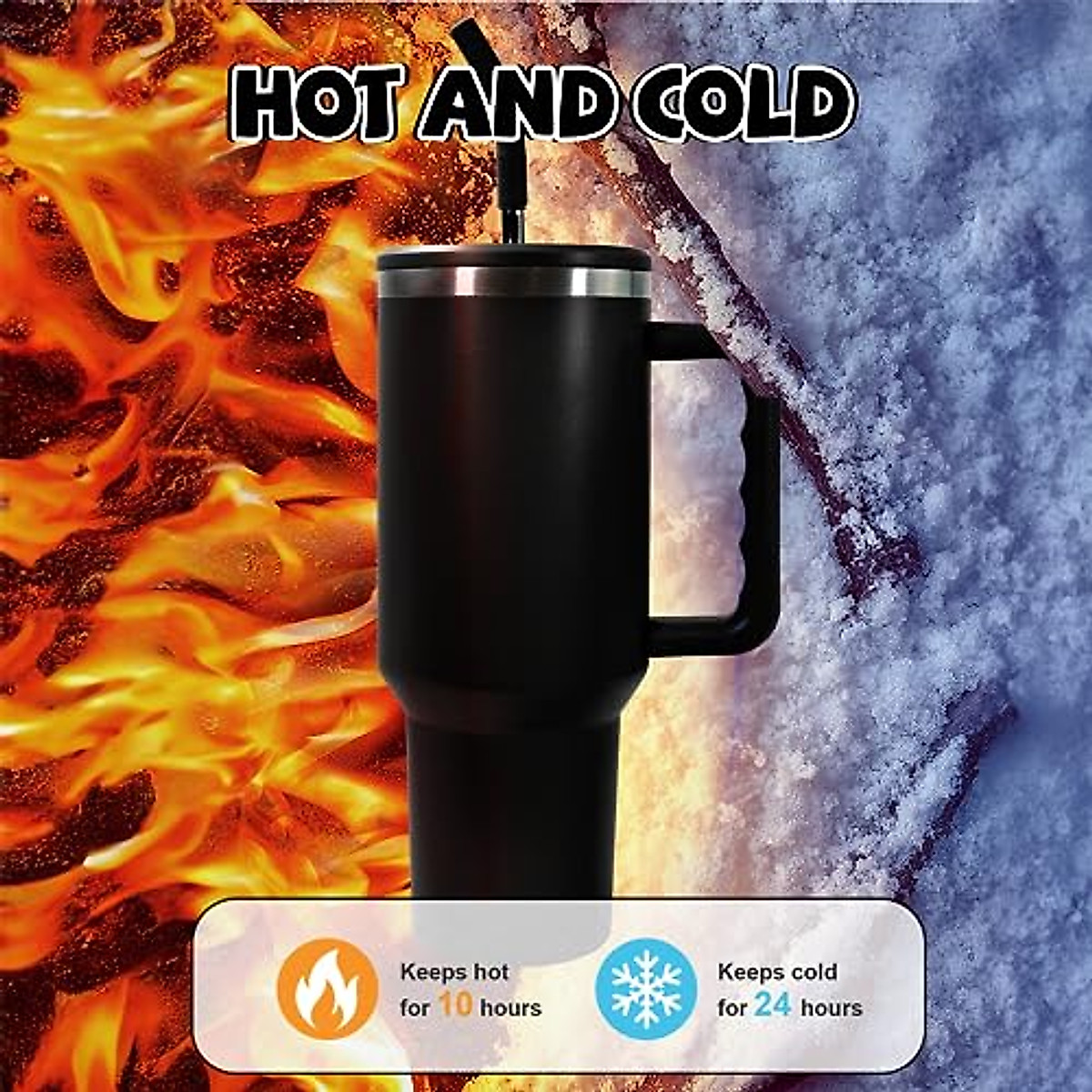 AGH 40oz Tumbler with Handle and Straw, Double Wall Vacuum Insulated Reusable Stainless Steel Water Bottle Travel Mug Iced Coffee Cup Travel Mug for Travel, Coffee and Outdoor Activities, Black