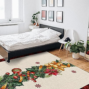 Area Rug 2.7x3 Ft Christmas Poinsettia Snowflakes Plaid Border Machine Washable Area Rugs Non Shedding Floor Carpet Rubber Backing Non-Slip Indoor Mats for Living Room Bedroom Kitchen