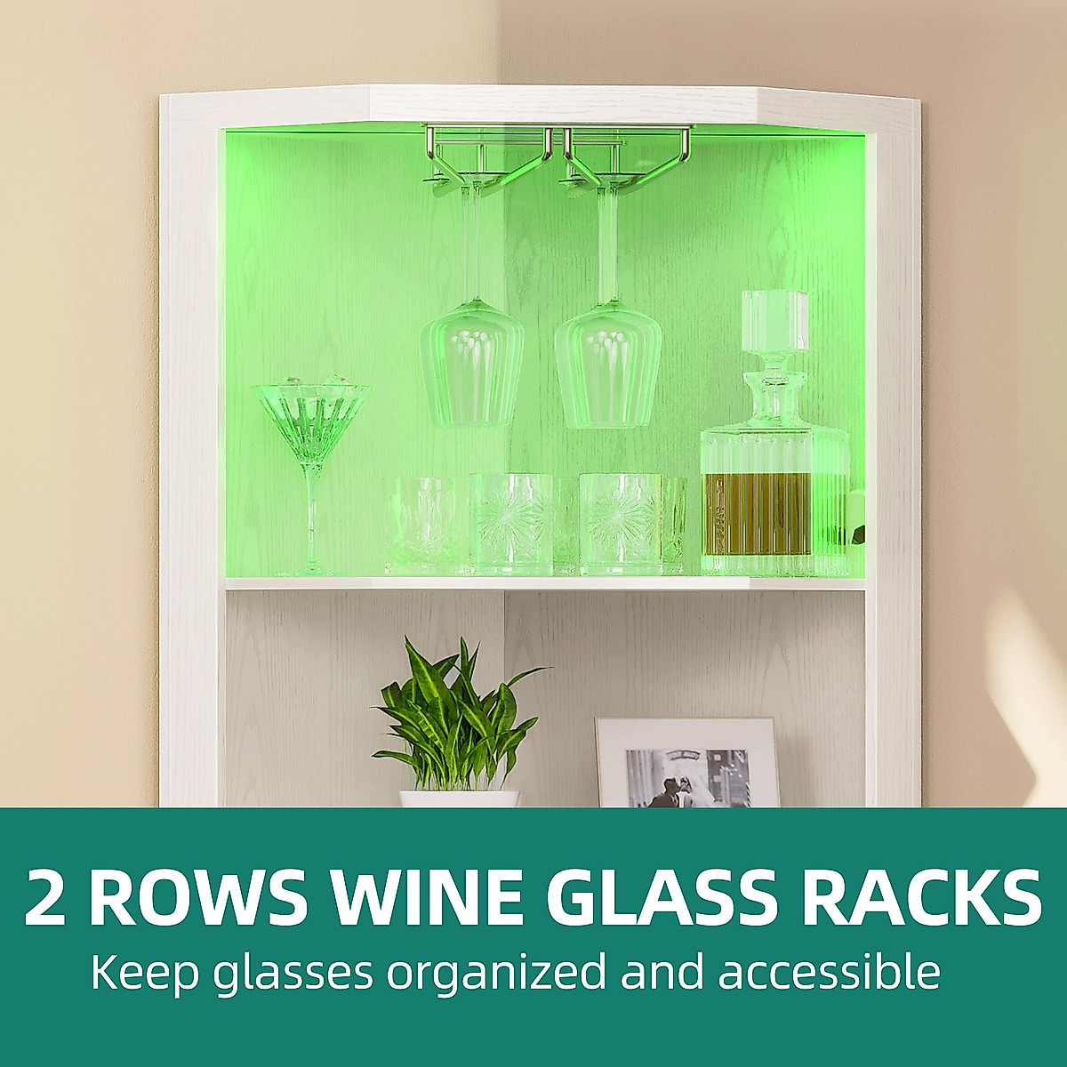 YITAHOME Corner Bar Cabinet with LED Lights & Glass Holder, 5 Tier Corner Shelf with Storage, Wine Rack Cabinet Display Shelves for Living Room, Dining Room, Kitchen, White