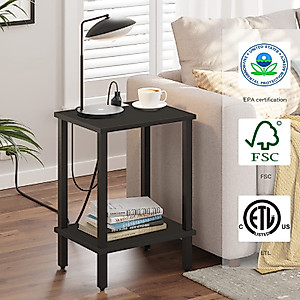 TUTOTAK End Table with Charging Station, Side Table with USB Ports and Outlets, Nightstand, 2-Tier Storage Shelf, Sofa Table for Small Space TB01BK040