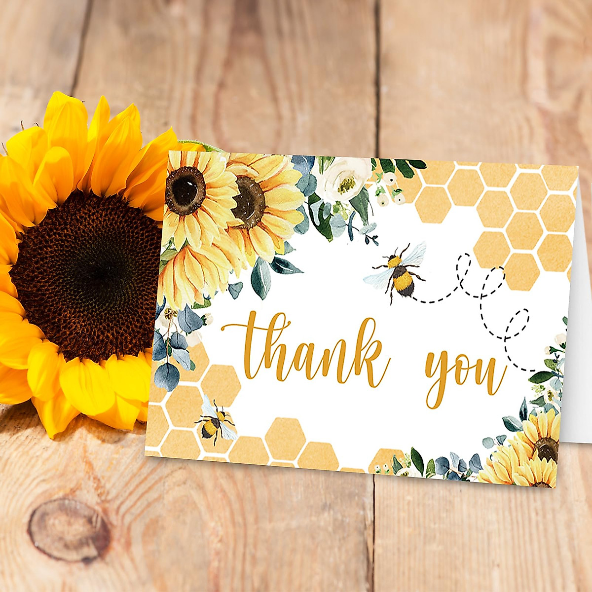 Whaline 24Pcs Sunflower Bee Thank You Cards Bulk Watercolor Summer Flower Greeting Cards with Envelope Stickers Blank Note Cards for Wedding Baby Shower Bridal Birthday Party, 4 x 6 Inch