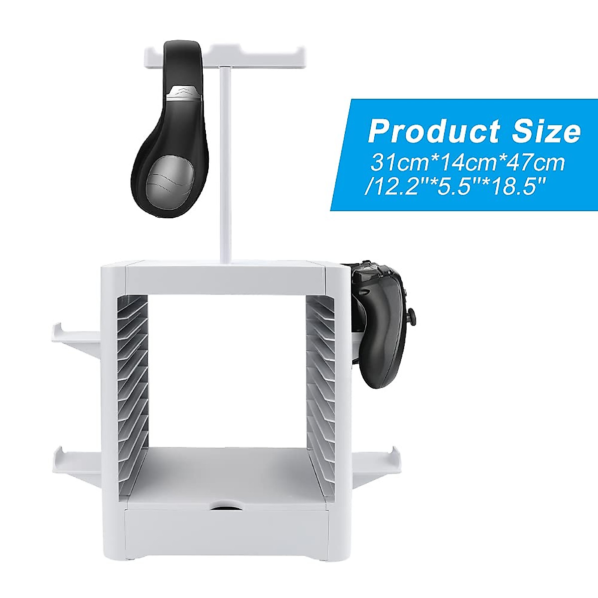 Number-one Game Storage Tower Bracket, Multifunction Gaming Disks Organizer Rack, Most Storage 10 Disk, 2 Headsets Stand 4 Controllers Holder, Compatible with PS5/PS4/XBOX Series Accessories, White