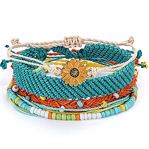 Braided Sunflower Boho String Woven Strand Bracelets Set for Women Adjustable Wrap Rope Charm Wave Jewelry Friendship Waterproof Gift Sunflower
