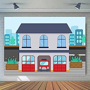 EMTOBT 7x5ft Cartoon City Fire Station Backdrop Firetruck Theme Kids Fireman City Street Birthday Background Firehouse Party Decorations Cake Table Decor Banner Children Photo Props BJWZEM0048