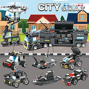 1110 PCS SWAT City Police Station Mobile Command Center Truck Car Building Blocks Set in 25 Different Models Police Cars, Helicopter, Boat, with Storage Box Roleplay Toys Gift for Kids Boys Girls 6-12