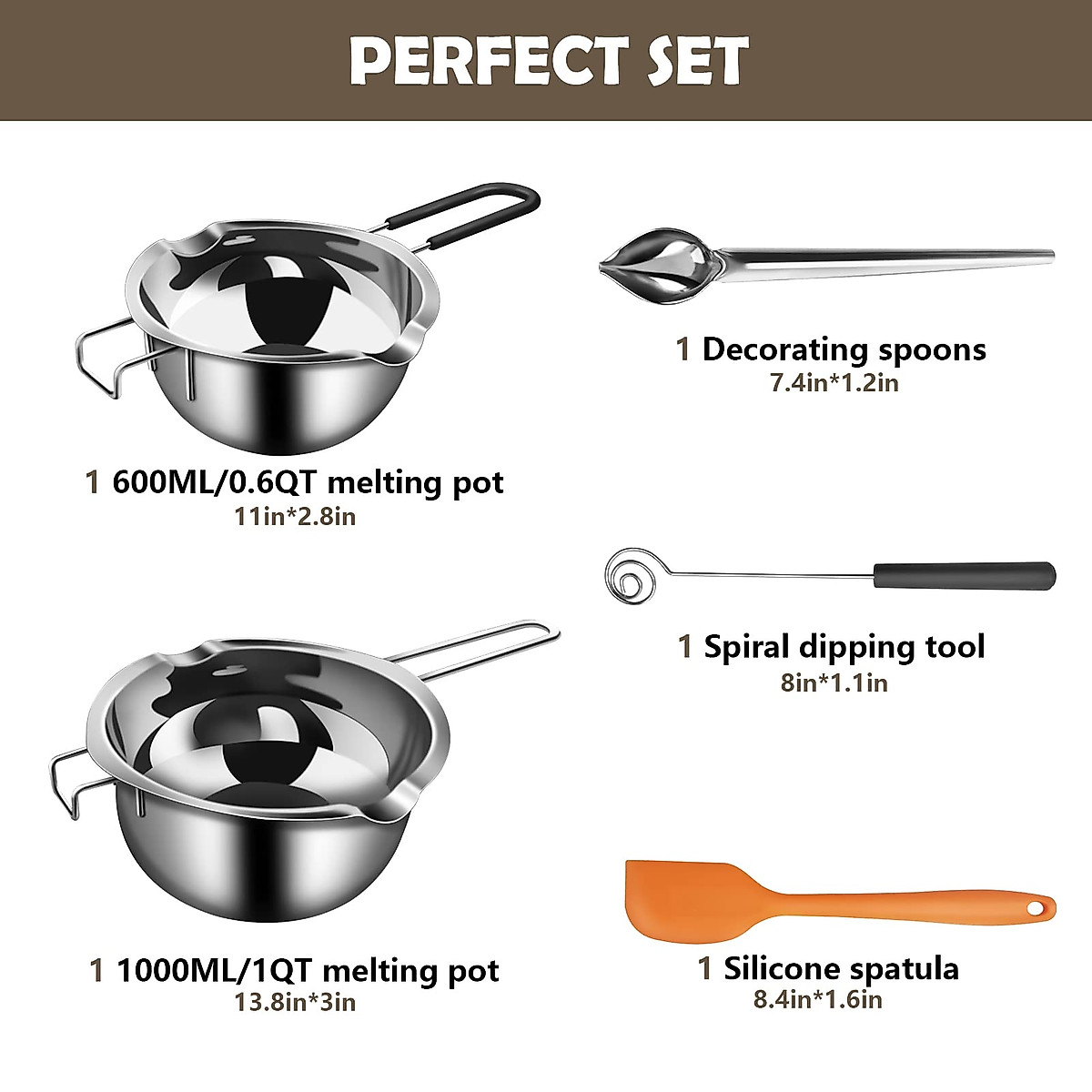 Artcome 5pcs Double Boiler Melting Pot Set - 600ML/0.6QT and 1000ML/1QT Chocolate Stainless Steel Melting Pot, Decorating Spoons, Silicone Spatula and Dipping Tool for Melting Chocolate, Candy, Soap