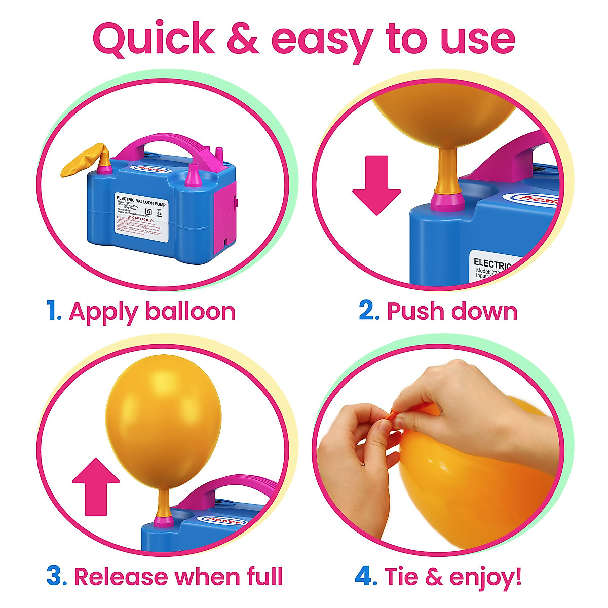 Prextex Balloons Electric Pump Inflate, Blue 110V 600W - Portable Pump with Air Blower & Dual Nozzle Inflator for Fast & Easy Bulk Balloons Filling for Event & Party Decoration - Balloon Pump Electric