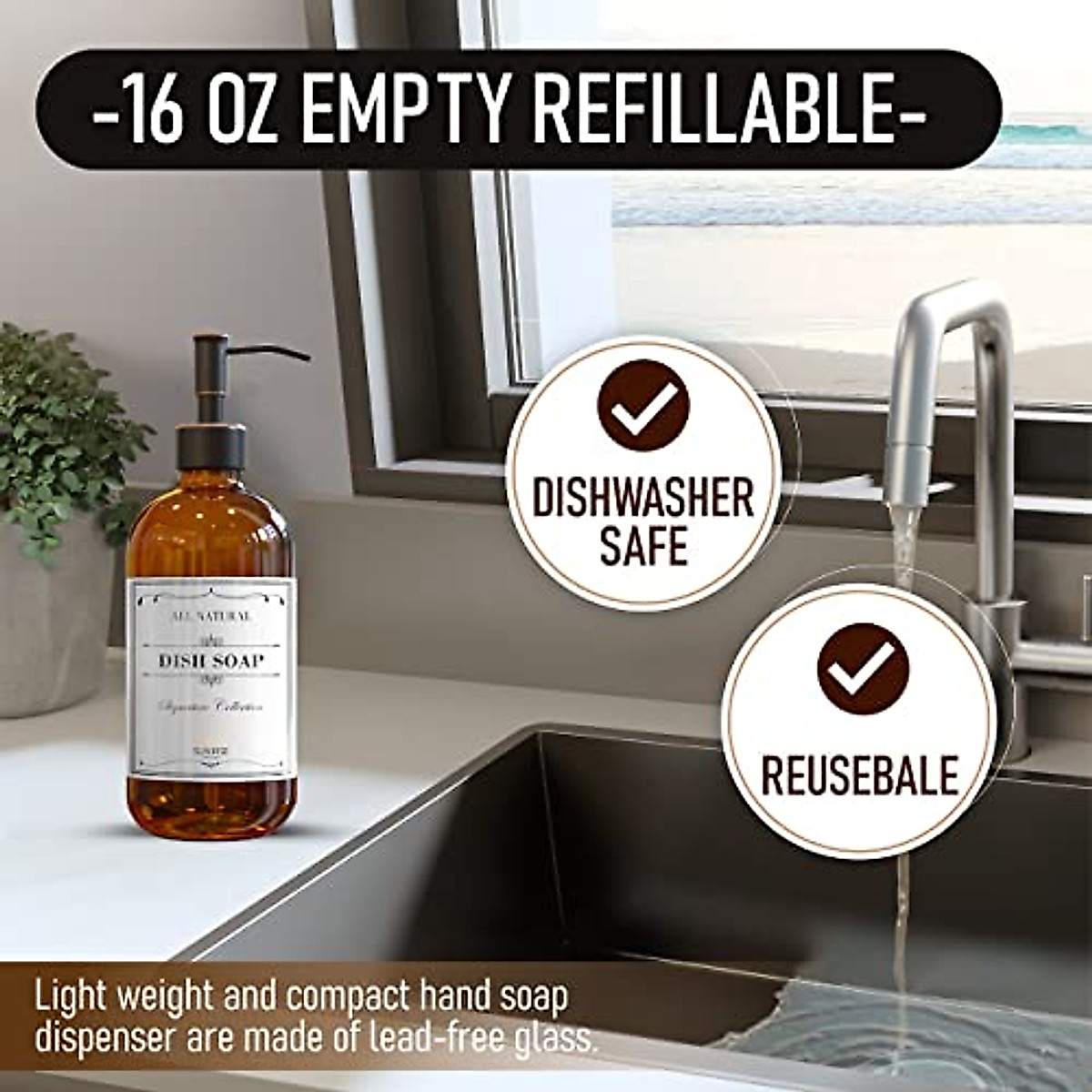 Sunrise Premium 2 Pack Amber Glass Soap Dispenser 16 OZ with Oil Rubbed Bronze Stainless Steel Pump, Hand and Dish Soap Dispenser Set for Bathroom and Kitchen Sink with 6 Waterproof Labels