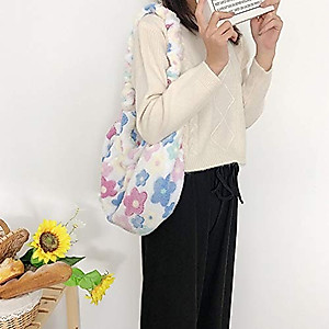 VALICLUD Hobo Bag Large Capacity Furry Handbag Shoulder Tote Bag Fluffy Purse Floral Flower Purse for Women