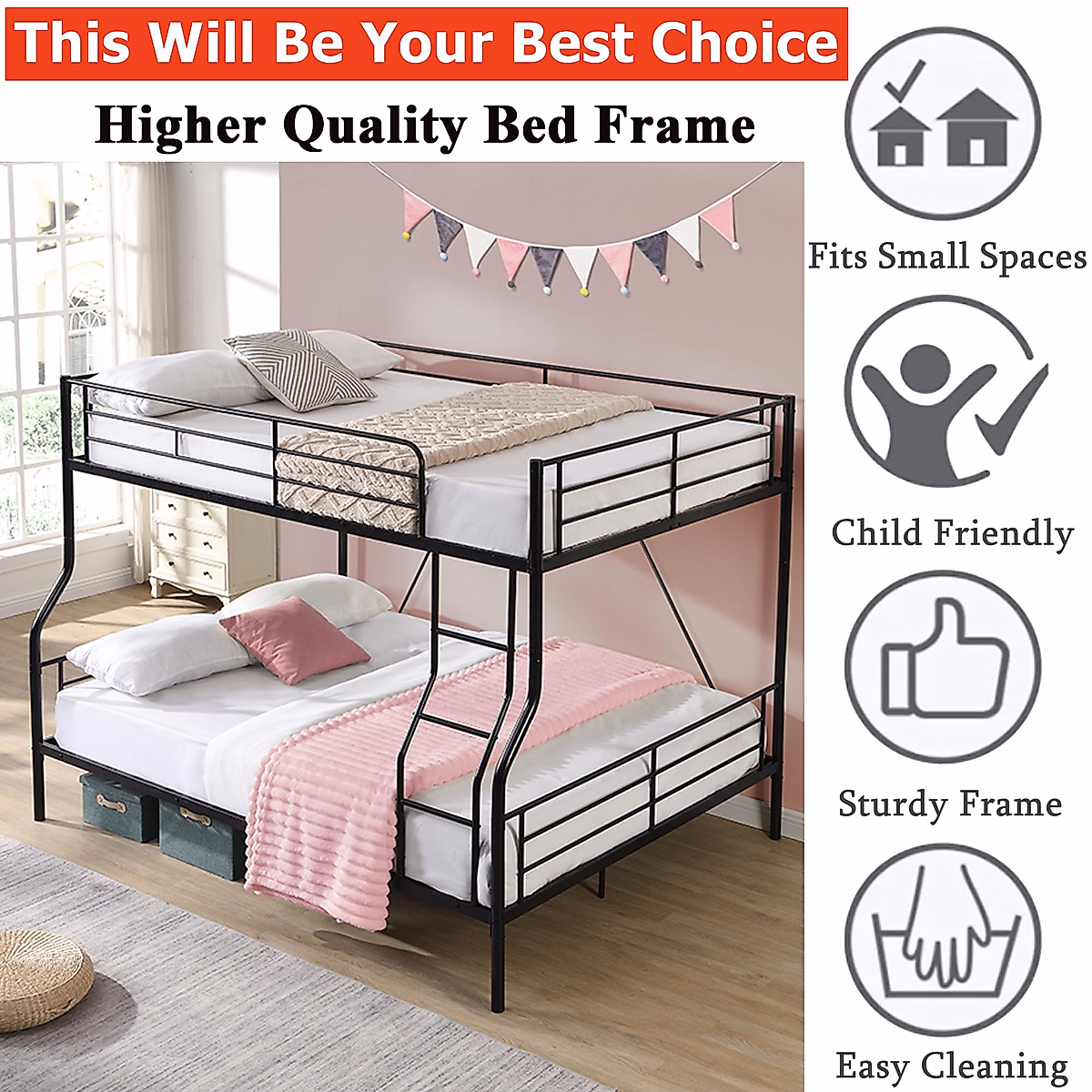 FUSVZ Metal Full XL Over Queen Bunk Beds for Adults, Heavy-Duty Bunk Bed Full XL Over Queen Size with Ladder for Kids Boys Girls Teens, Convertible to 2 separate beds, Weight capacity: 600 lbs (Black)