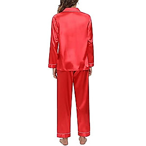 HPWUZK Women's Silk Satin Pajamas Set Long Sleeve Sleepwear Soft Pjs Set Two Piece Button Down Loungewear Pj Set,Red,X-Large