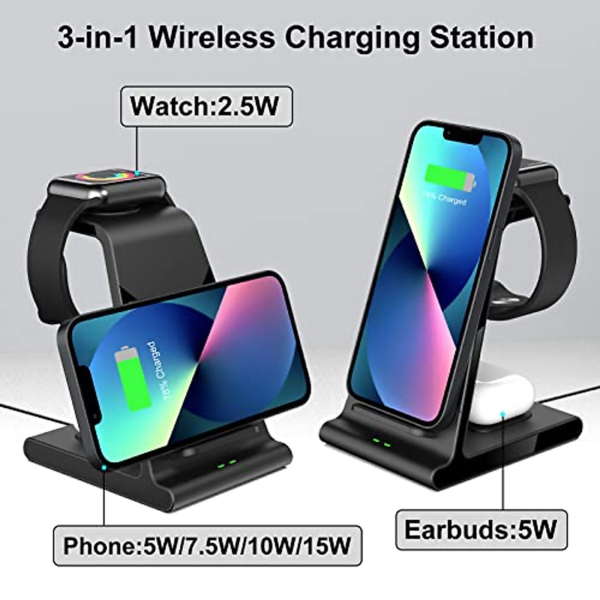 Aukvite 3 in 1 Wireless Charging Station Apple, Wireless Watch Charger Dock for iWatch Series 8 7 6 5 4 3 2 AirPods, Phone Charger Stand Compatible with iPhone 14 Pro max 13 12 Pro Samsung S22(Black)