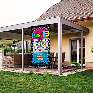 Level 13 Unlocked Happy 13th Birthday Level Up Banner Backdrop Background Photo Booth Props Video Game Game Controller Theme Decorations Decor for Door Porch Boys Girls 13th Birthday Party Supplies