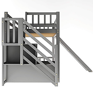 Low Bunk Bed with Slide and Stairs Twin Over Twin Bunk Beds Wood Frame for Kids Toddlers Boys Girls, Gray