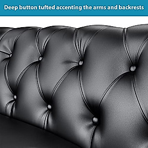 Pannow 63 Inch Upholstered Loveseat Sofa, Classic Chesterfield Couch with 2 Pillows and Roll Arms, Button Tufted PU Leather Sofa for Living Room Bedroom Guest Room, Black