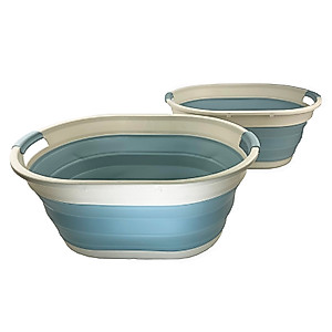SAMMART 39L (10.3 Gallons) Collapsible Plastic Laundry Basket - Oval Tub/Basket - Foldable Storage Container/Organizer - Portable Washing Tub - Space Saving Laundry Hamper (2, Grey/Sterling Blue)