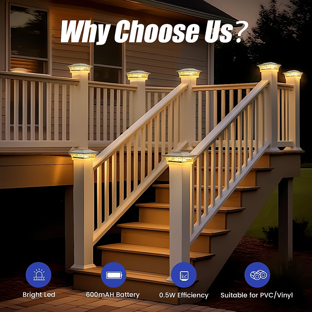 APONUO 5x5 Solar Post Cap Lights White for Vinyl Fence,White Solar Post Cap Lights 2 Color Mode Outdoor Waterproof for Fence Post Caps 4x4,6x6 Wood&4x4 5x5 Vinyl Deck Post Caps,White,6 Pack