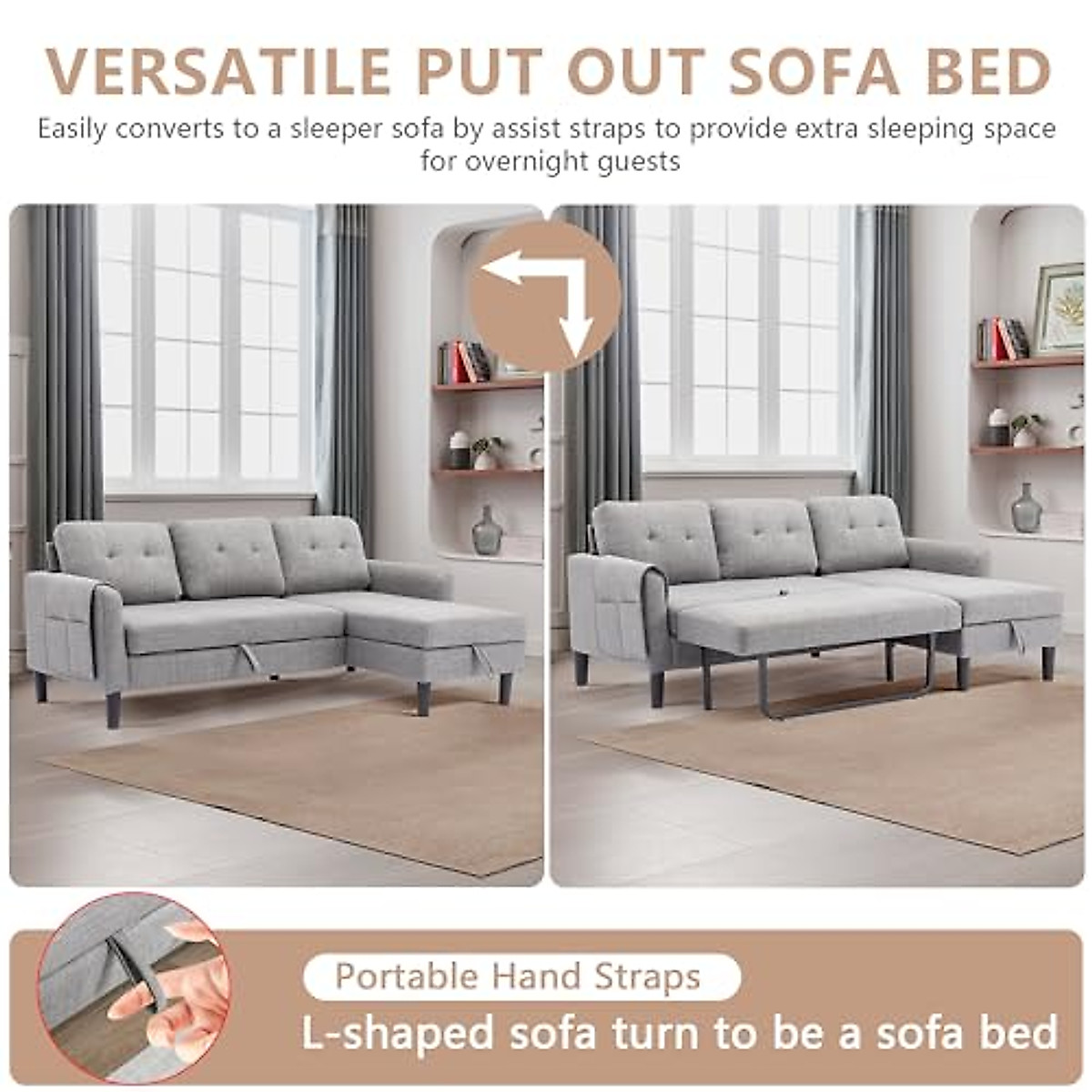 HUMEHA Convertible Sleeper Sofa, Linen Reversible Sleeper Sectional Sofa with Storage Chaise, Modern Upholstered Pull Out Sofa Bed, L Shaped Sofa Couch for Living Room Bedroom, Light Gray