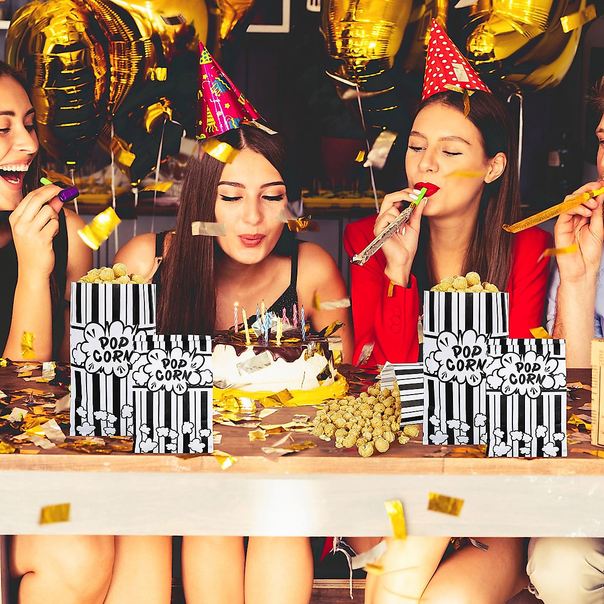 Whaline 200Pcs Movie Night Paper Popcorn Bags 2 oz Black and White Stripe Flat Bottom Popcorn Container Grease Resistant Large Sleeve Popcorn Bucket Disposable for Retro Movie Themed Party Carnival