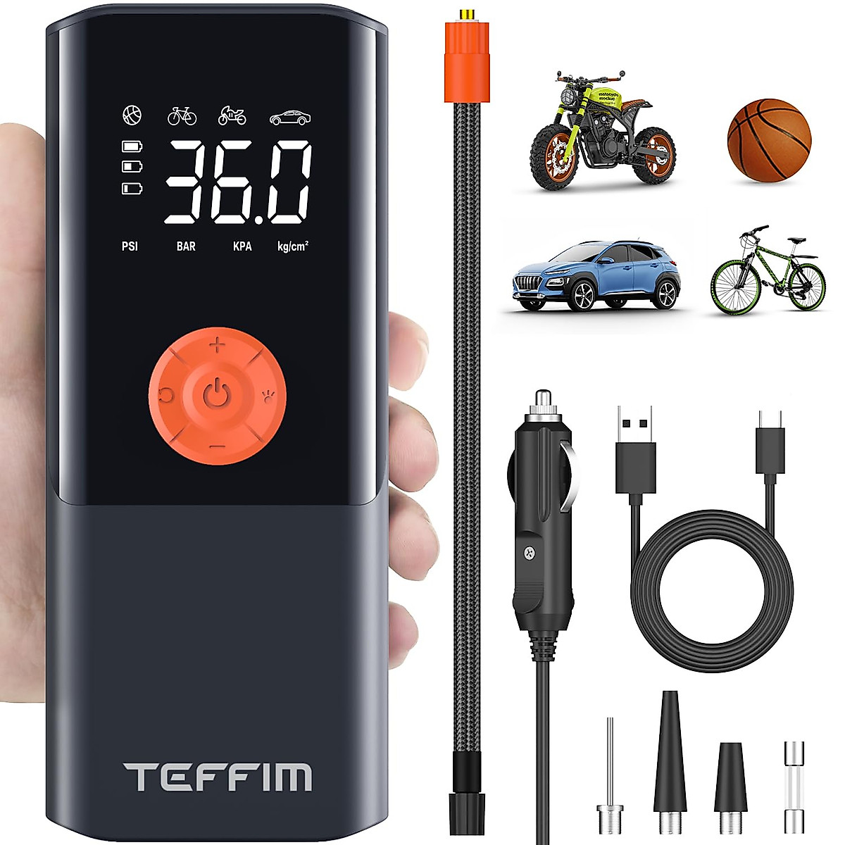Teffim Tire Inflator Portable Air Compressor with Digital Pressure Gauge, 12V Smart Air Pump for Car Tires, Motorcycle, SUV, Electric Bike, Bicycle, Sports Balls with 10000mAh Battery & LED Light (1)