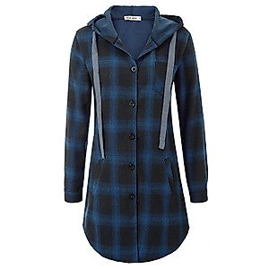 GRACE KARIN Womens's Long Sleeve Plaid Shirts Flannels Cotton Check Hooded Shirt S Blue