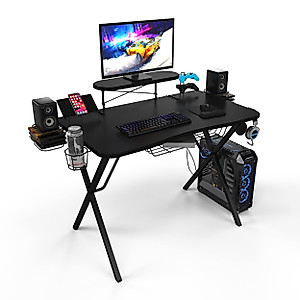 Atlantic Gaming Desk with Carbon-Fiber Desktop, X-Legs, Detachable Monitor Platform, Tablet/Phone Holder, Speaker Stands - Black