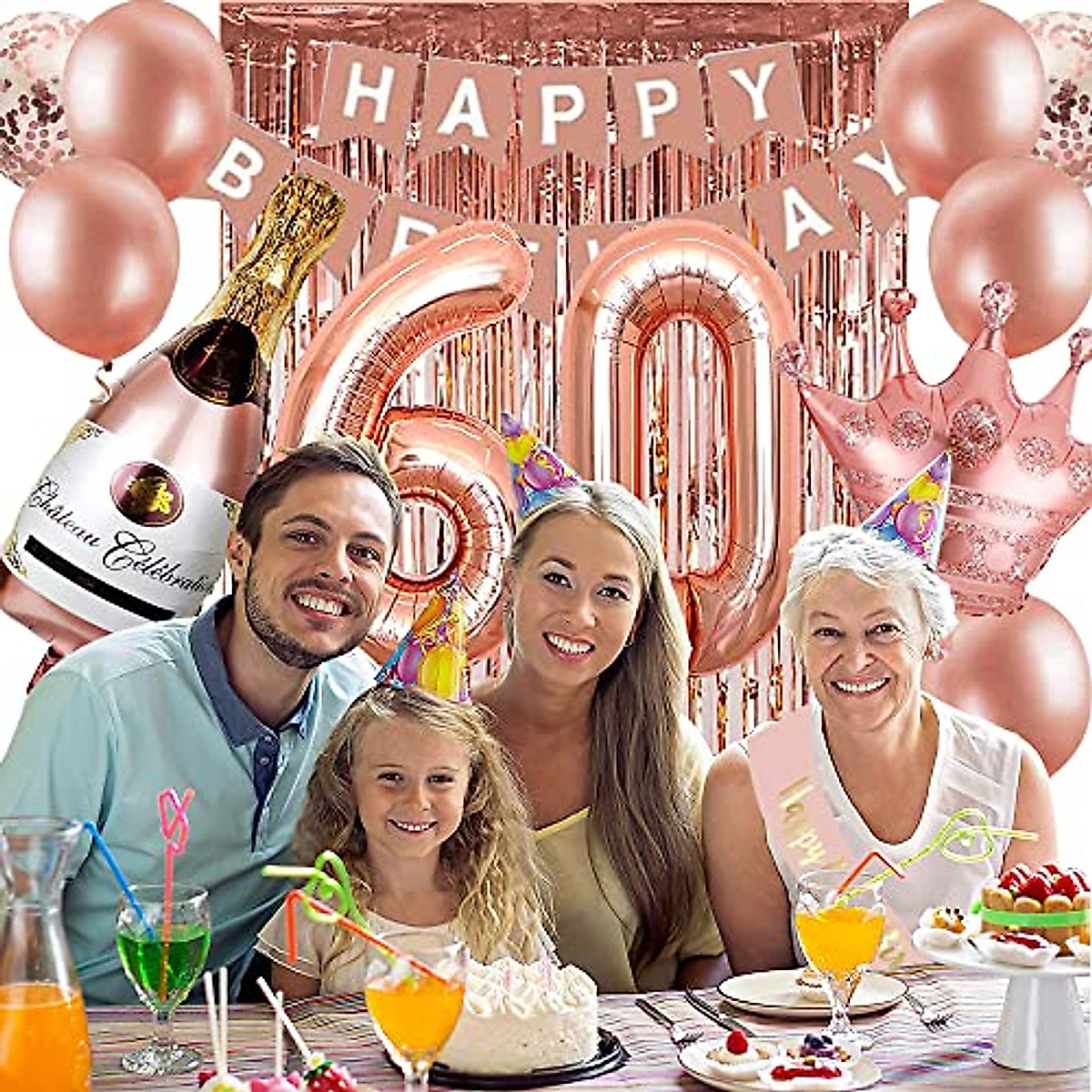 60th Birthday Decorations for Women, Rose Gold 60 Birthday Party Decoration for Her, 60 Years Old Happy Birthday Banner Kits Rose gold Balloons Decoration for Women 60th Birthday Party Supplies