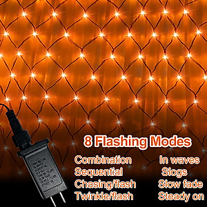 TURNMEON 360 LED 12Ft x 5Ft Halloween Net Lights Outdoor with 8 Flash Modes, Timer, Plug in, Orange Red Mesh Lights, Connectable Waterproof Halloween Decoration Outside Outdoor Bushes Yard Garden Tree