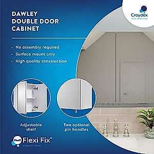 Croydex Dawley Double Door, Surface Mount Flexi-Fix Easy Hanging System Medicine Cabinet, 31.5 in (W) x 26 in (H), White Steel