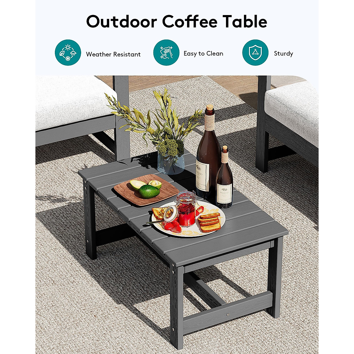 SERWALL 4 Pieces Outdoor Conversation Sofa Set with Cushions, HDPE Outdoor Couch Loveseat Furniture with Side Table All Weather Use for Patio, Balcony, Deck, Poolside, Grey Frame with Khaki Cushions