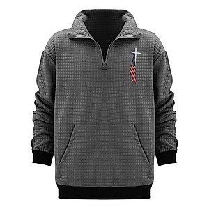 Parise T Shirts for Men 2023 Casual Waffle Qaurter Zip Polo Sweatshirts for Men USA Flag Logo Turtleneck Long Sleeve Sweater Coats with Pocket(Dark Gray,XX-Large)