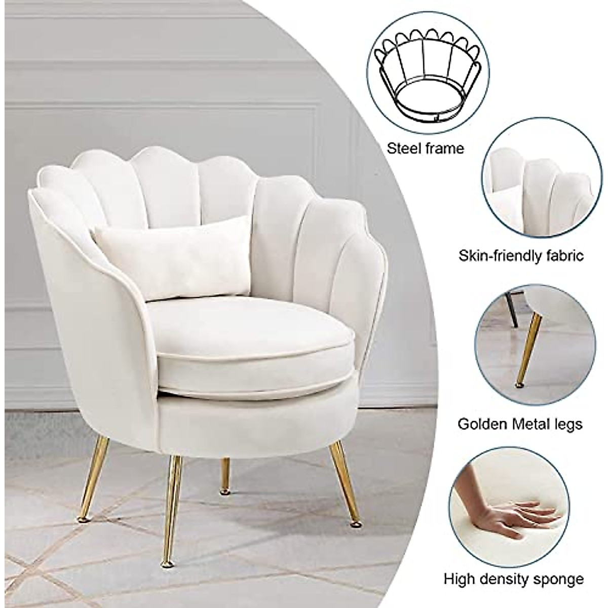 ZJhome Modern Accent Velvet Chairs Shell Shape Barrel Chairs Comfy Upholstered Vanity Chairs for Bedroom Armchair Chairs with Golden Metal Legs Makeup Chairs for Living Room (White)