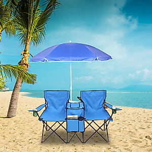 Outvita Folding Double Chair w/Umbrella Beverage Holder Carrying Bag Cooler Fold Up Table, Large Bearing Capacity for Beach Patio Pool Park Outdoor Blue