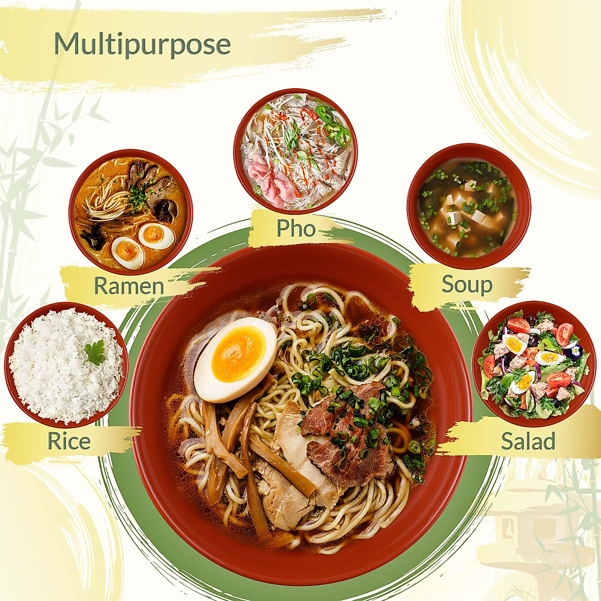 Ramen Bowl Set - 8 Piece Set with 37oz Melamine Bowls, Spoons, Chopsticks & Stand, Durable & Easy to Clean Ramen Bowl, Great for Ramen Noodles & Other Asian Food, Ideal Gift for Japanese Food Lovers