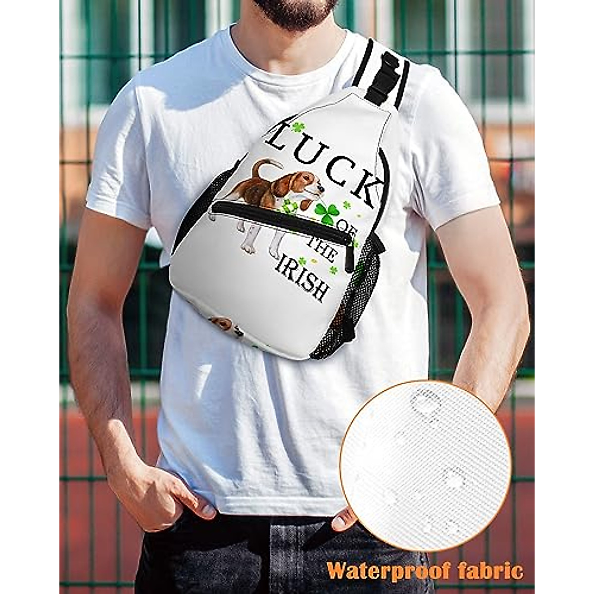Gsypo Sling Backpack, St. Patrick's Day Shamrock Puppy White Background Waterproof Lightweight Small Sling Bag, Travel Chest Bag Crossbody Shoulder Bag Hiking Daypack for Women Men