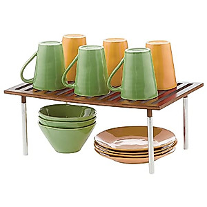 mDesign Natural Bamboo Slated Storage Shelf with Steel Legs - Food and Kitchen Organizer for Cabinets, Pantry Shelves, Countertops, Stackable - Brown