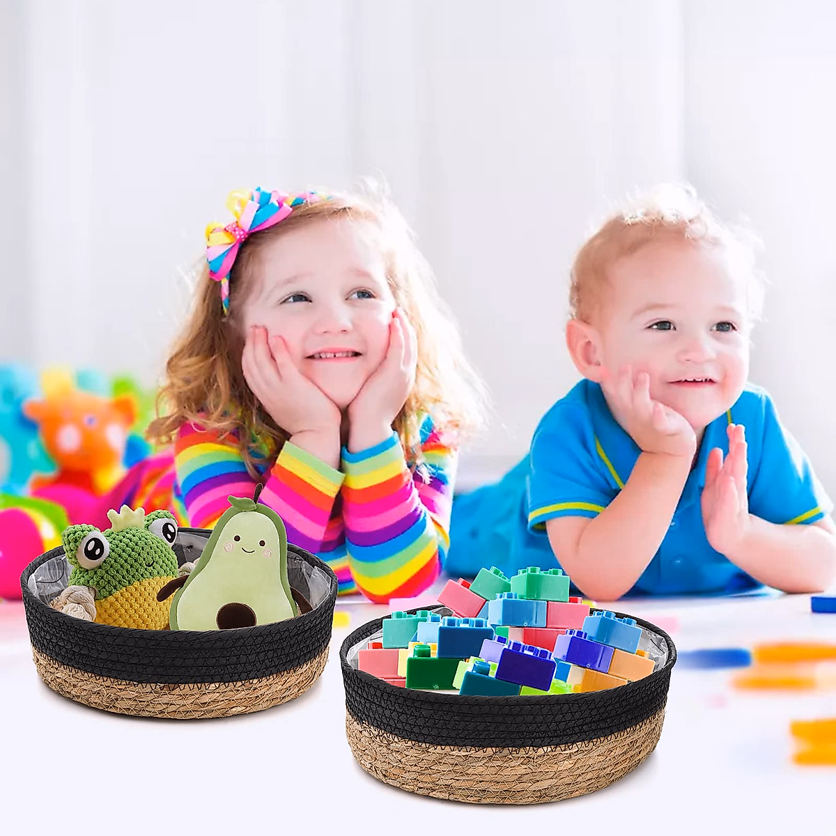 ZENFUN 3 Pack Round Rattan Storage Baskets, Round Rattan Baskets Set for Organizing, Serving, Wicker Baskets for Decor, Seagrass Bread Baskets, Countertop Baskets for Pantry, Home, Kitchen