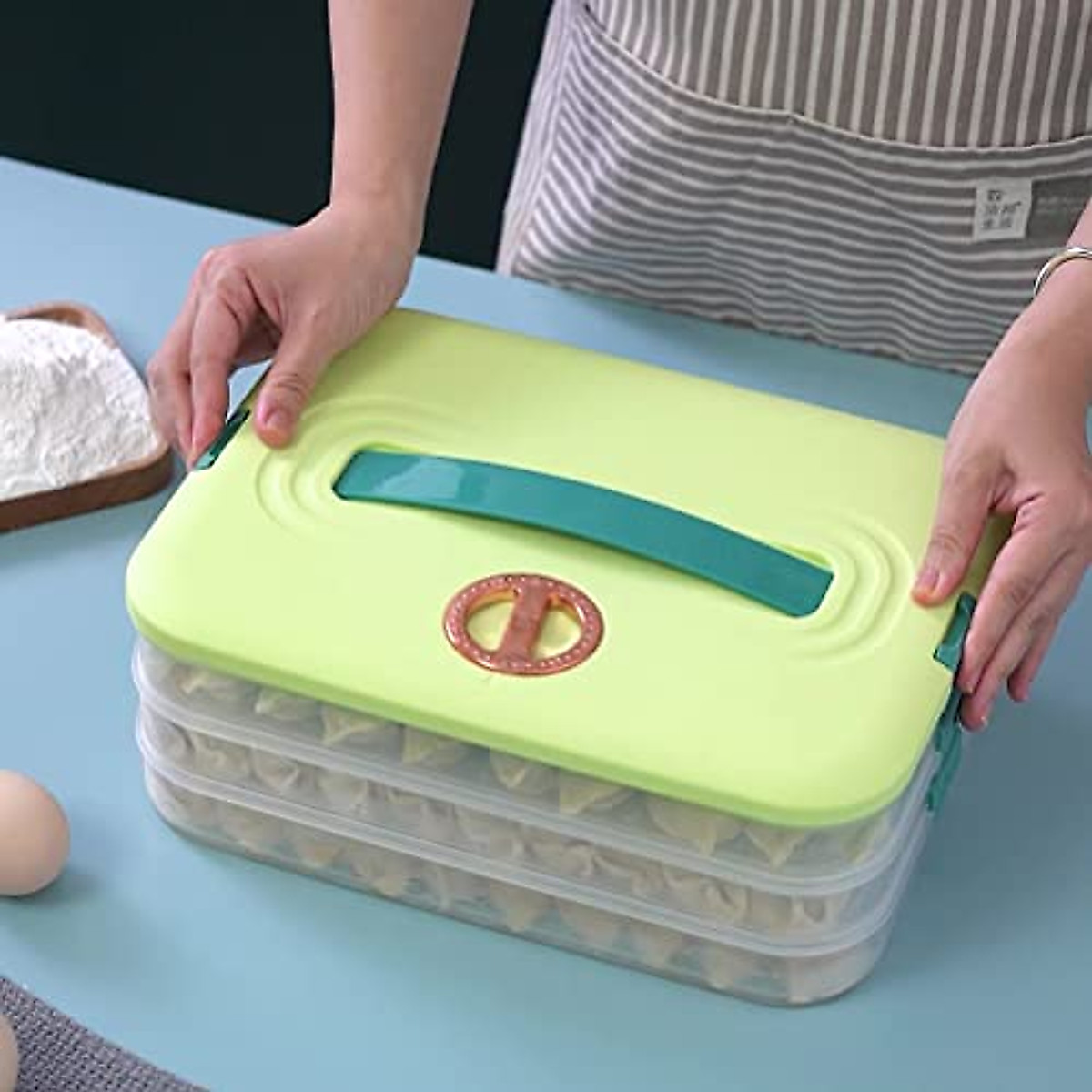 OHEPFD Refrigerator Organizer Bins,Food Storage Containers with Lids Dumpling Storage Box 3-Layer Stackable Food Storage Tray Organizer Holder for Kitchen Fridge, Dark Green 3 Layer, 30.5*23*12cm