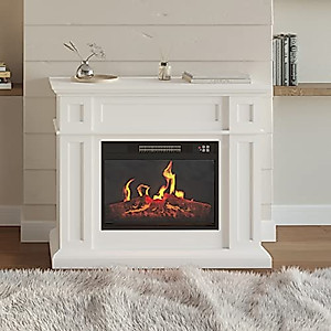 Electric Fireplace with Mantel - Freestanding Heater with Remote Control, Adjustable LED Flames and Faux Logs - Living Room Decor by Northwest (White)
