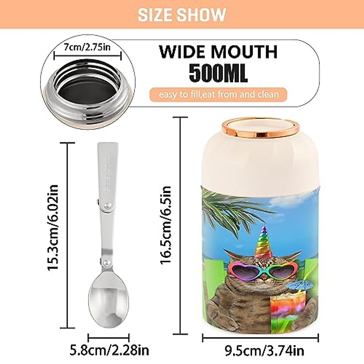 CUPADA Beach Cat Unicorn Food Jar, Tropical Palm Tree Insulated Hot Food Jars Vacuum 17OZ with Folding Spoon for Work Trip Picnic Camping