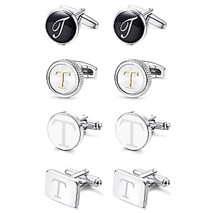 LOYALLOOK 4Pairs Men's Initial Letter T Shirts Cufflinks Engraved Shirt Cufflink Alphabet Set Fashion Dazzle Tuxedo Cufflinks Business Wedding Father's DayGift