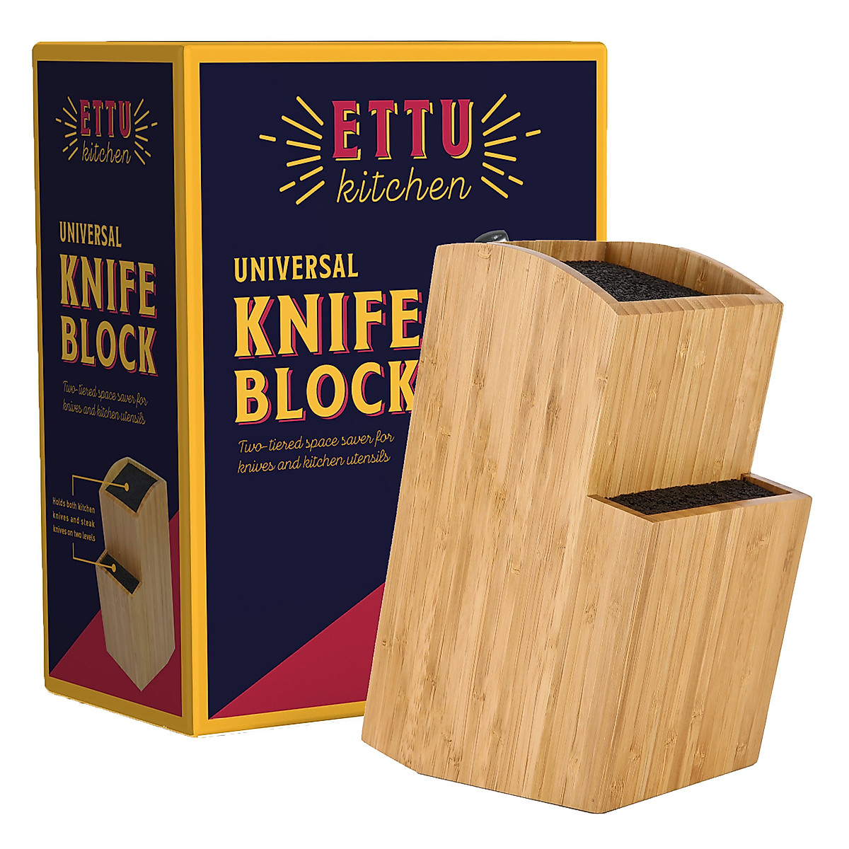 Bamboo Universal Knife Block - Extra Large Two-tiered Slotless Wooden Knife Stand, Organizer & Holder - Convenient Safe Storage for Large & Small Knives & Utensils - Easy to Clean Removable Bristles