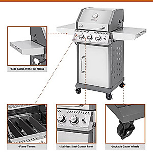 Royal Gourmet GG3001S Stainless Steel 3-Burner Propane, 25,500 BTU Cabinet Style Gas Side Tables, Outdoor Cooking Grill for Patio Garden Barbecue, Silver