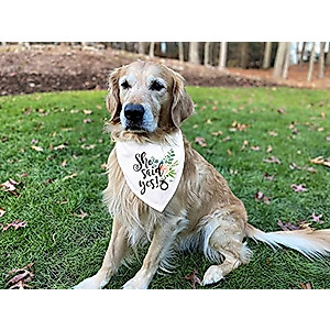 YHTWIN She Said Yes Wedding Dog Bandana, White Flower Pattern Cotton Triangle Dog Scarf, Dog Engagement Wedding Announcement Photo Props Accessories for Pet Dog Lovers Gifts
