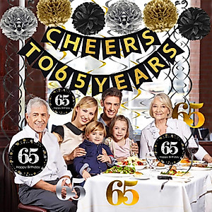 Famoby 65th Birthday Party Decorations Set- Gold Glittery Cheers to 65 Years Banner,Poms,12Pcs Sparkling 65 Hanging Swirls for 65th Birthday Decorations 65 Years Old Party Supplies