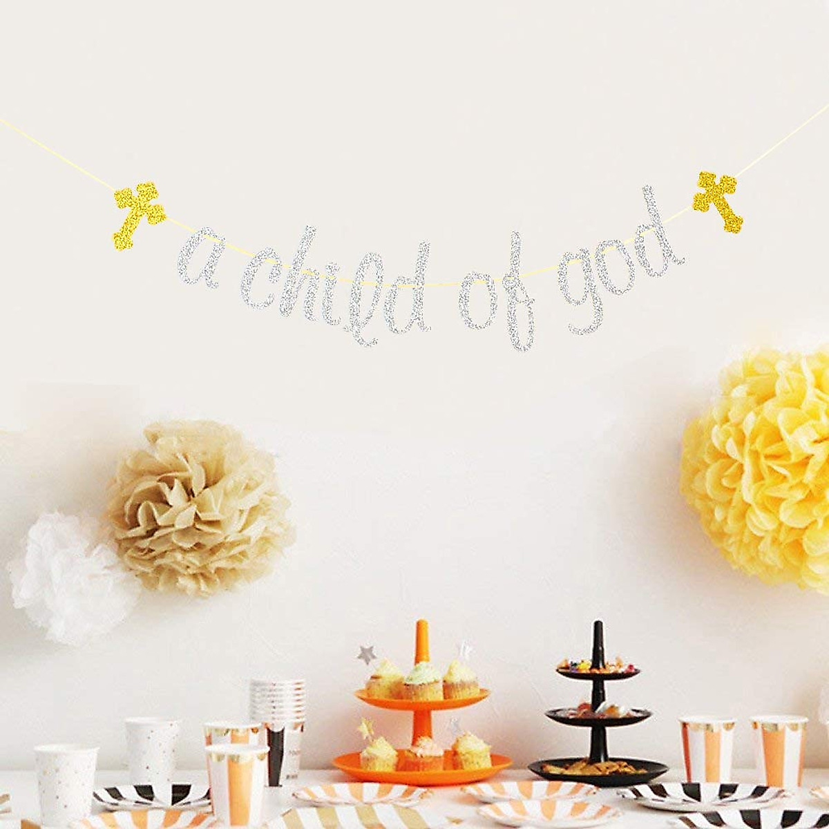 A Child of God Banner - God Bless This Child Party Decorations - Baptisim Christening Bunting Sign - First Communion Party Sign, Silver and Gold Glitter