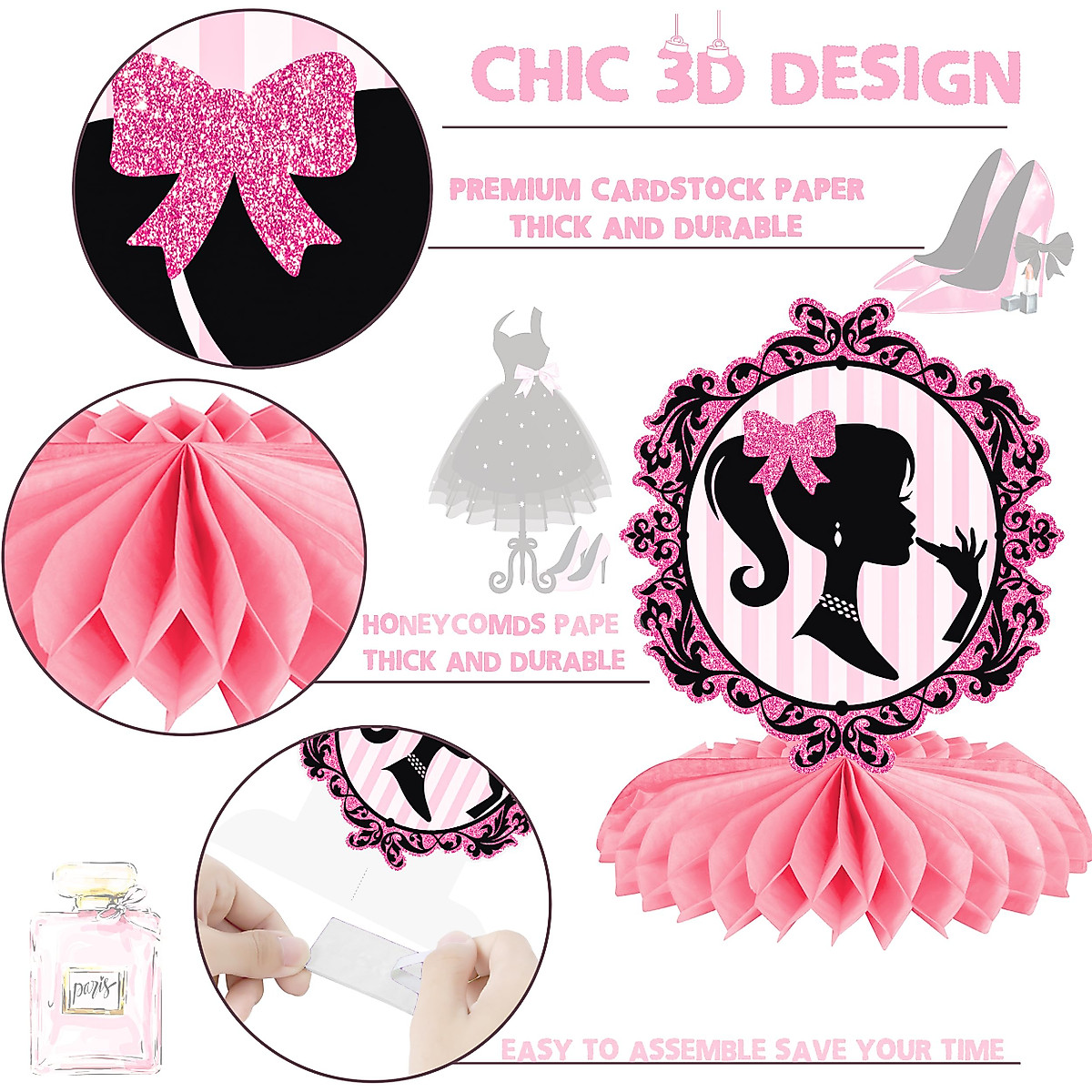 Paris Eiffel Tower Honeycomb Centerpieces Paris Themed Party Decorations Pink Paris Party Honeycomb Centerpieces for Girls Birthday Baby Shower Weddings Party Favor Supplies